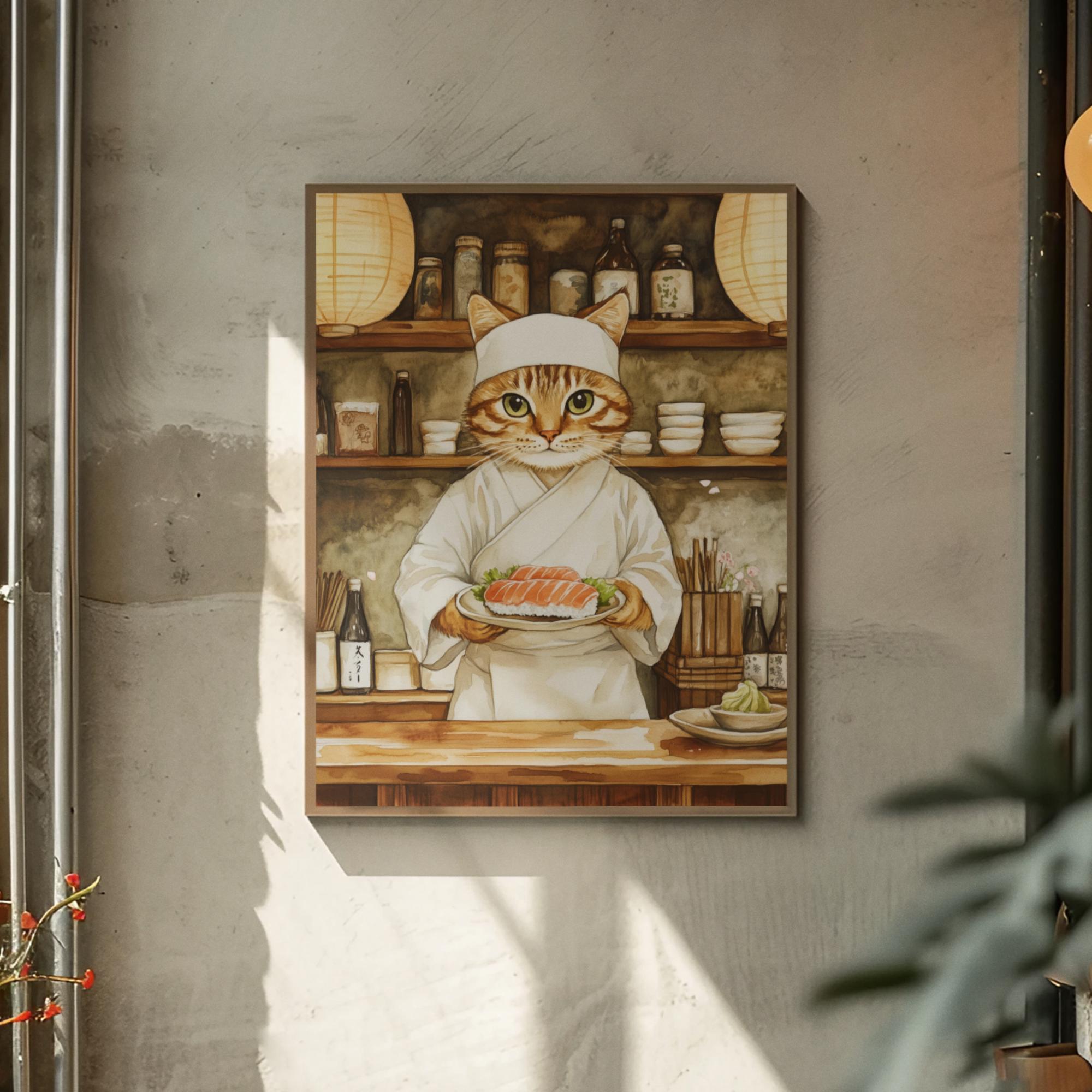 Sushi Chef Cat Poster: Japanese Kitchen Art, Salmon Sushi Print - Etsy