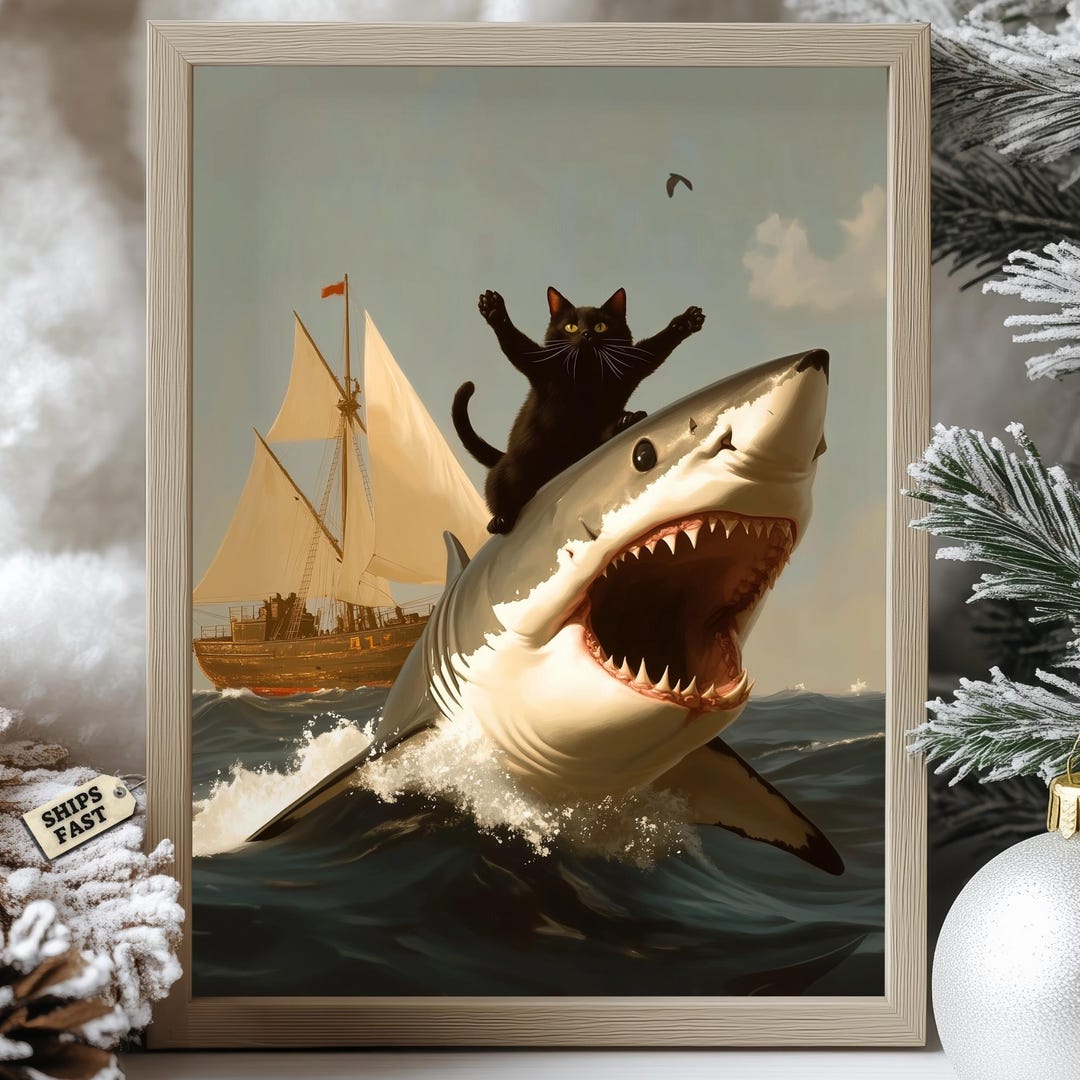 Black Cat Riding Shark Poster: Whimsical Nautical Art - Etsy