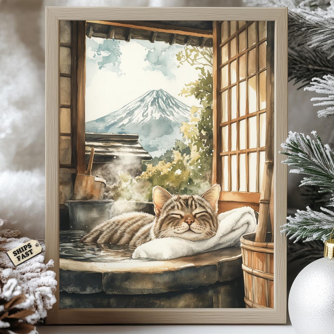 Japanese Onsen Cat Poster - Mt. Fuji View Wall Art - Relaxing Hot ...
