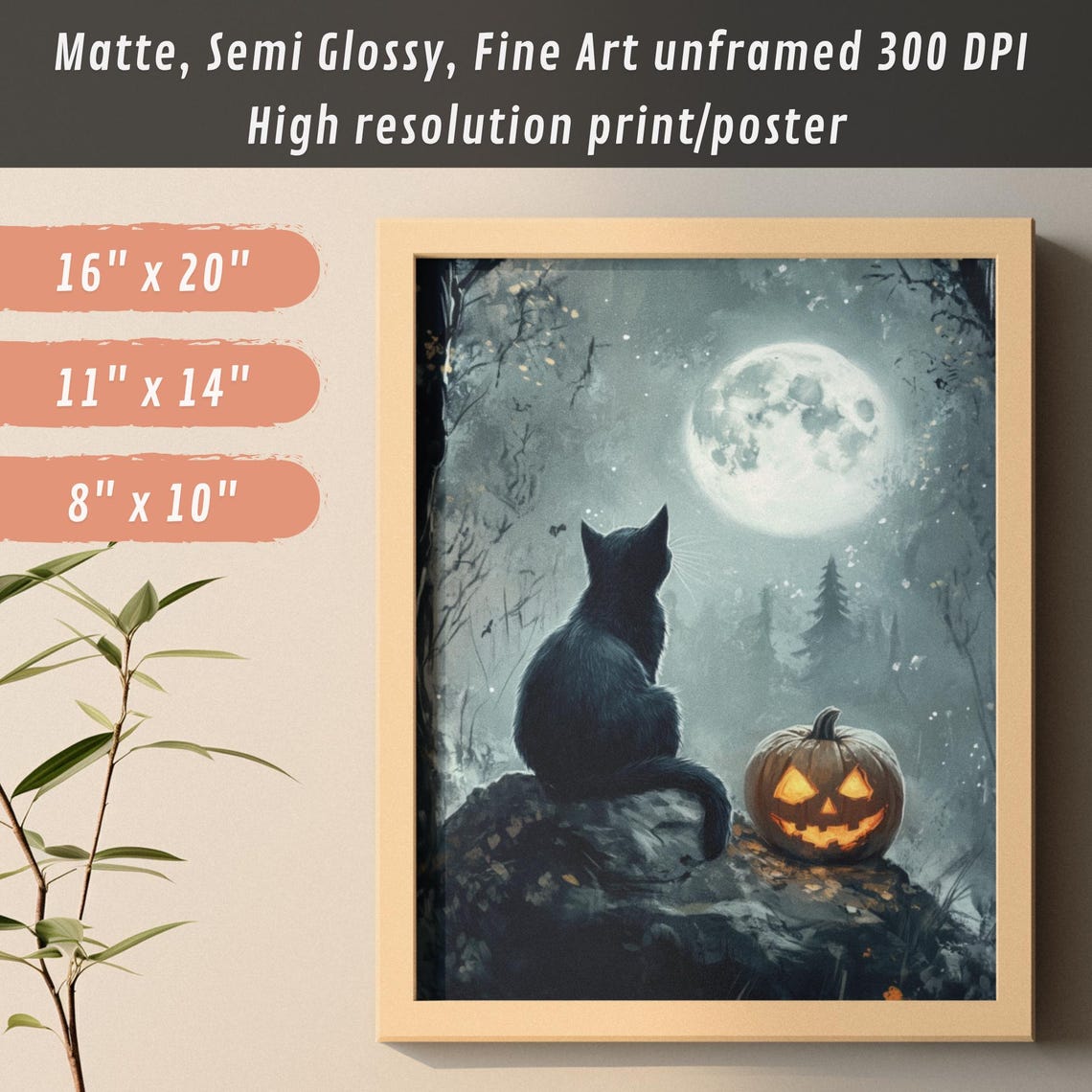 Halloween Black Cat Poster: Gothic Jack-o'-lantern Moon Art - Etsy