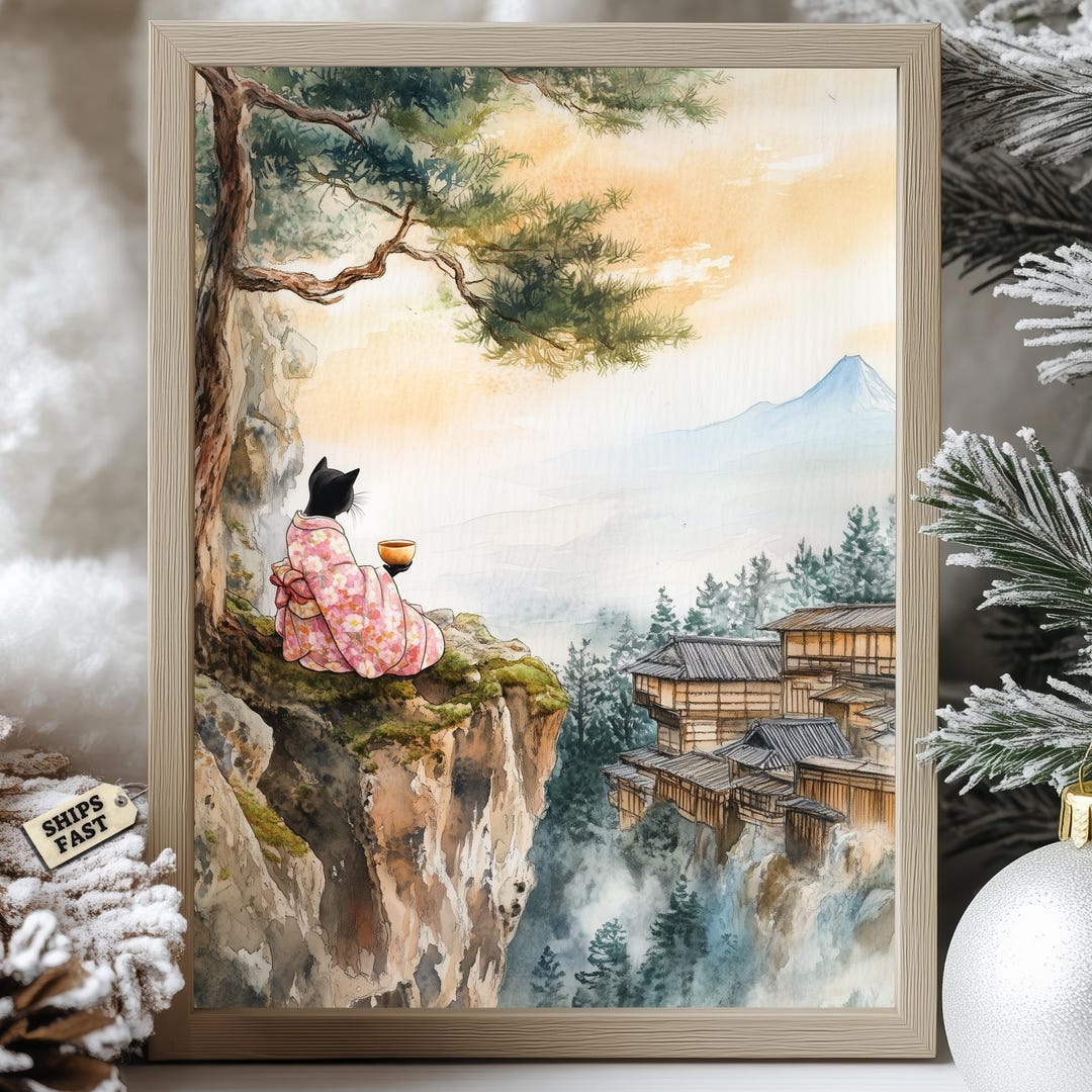 Cat in Kimono Poster, Japanese Cliff View Wall Art, Mount Fuji Cat ...