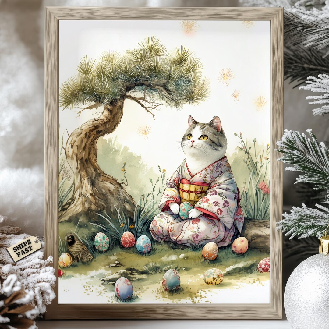 Japanese Cat Kimono Easter Poster: Sakura Feline Art - Etsy