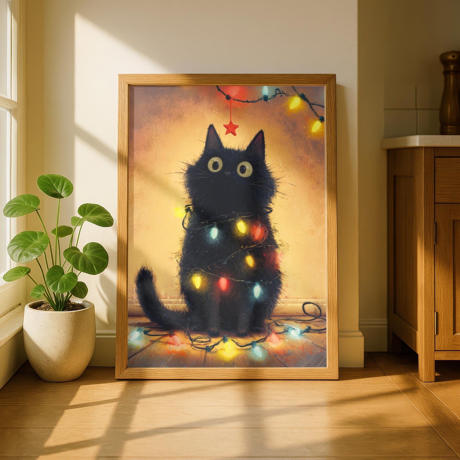 Funny Black Cat Christmas Lights Art, Winter Holiday Decor Poster - Etsy