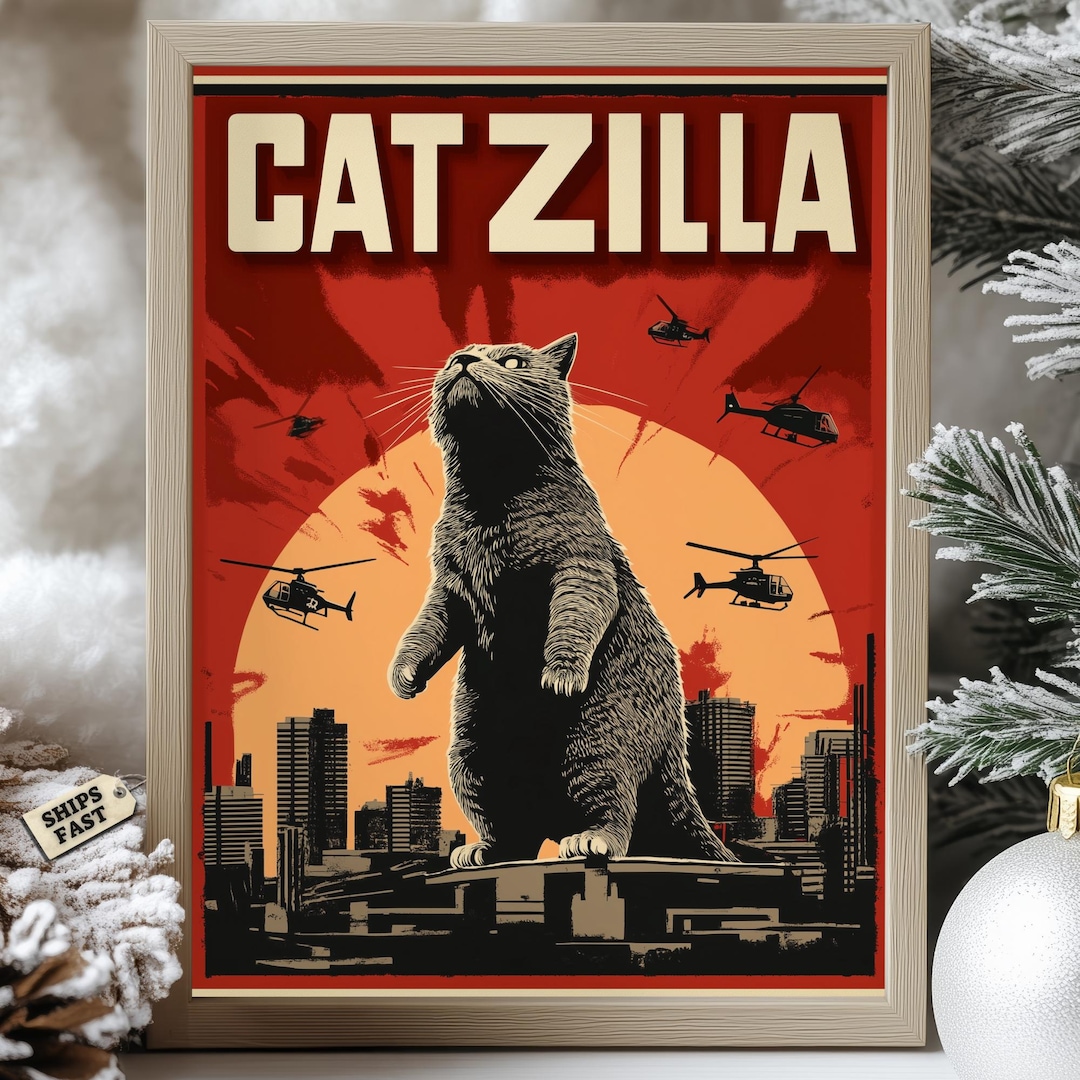 Catzilla Poster: Retro Giant Cat Wall Art - Etsy