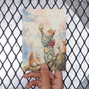 Easter Cat Greeting Card - Cute Kimono Japanese Cat With Rabbits ...
