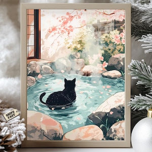 Japanese Black Cat Onsen Poster: Sakura Zen Art Print - Etsy