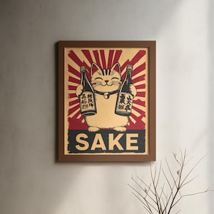 Maneki Neko Sake Poster: Retro Japanese Bar Art - Etsy
