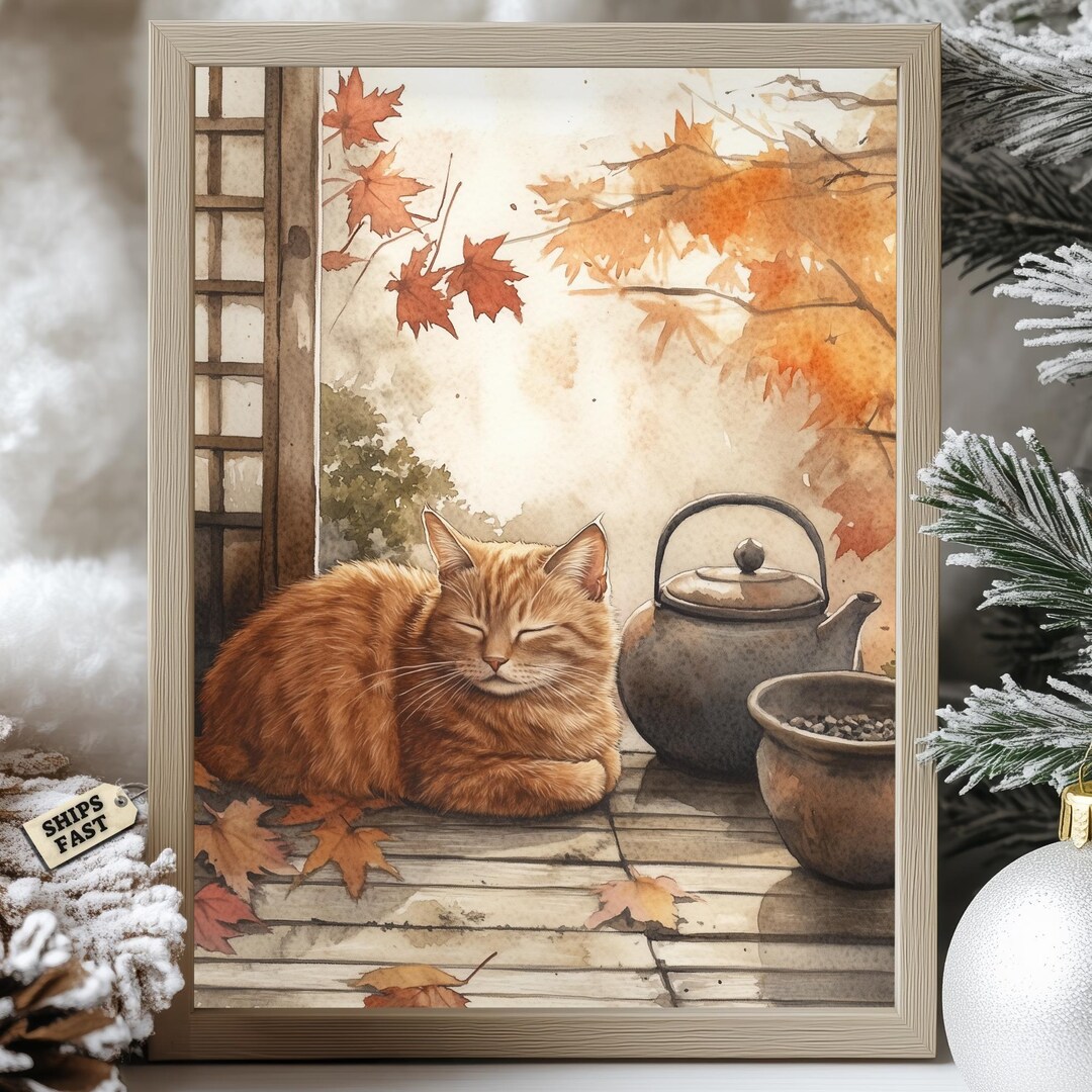 Sleeping Orange Cat Poster, Japanese Autumn Tea Garden Wall Art, Cozy ...