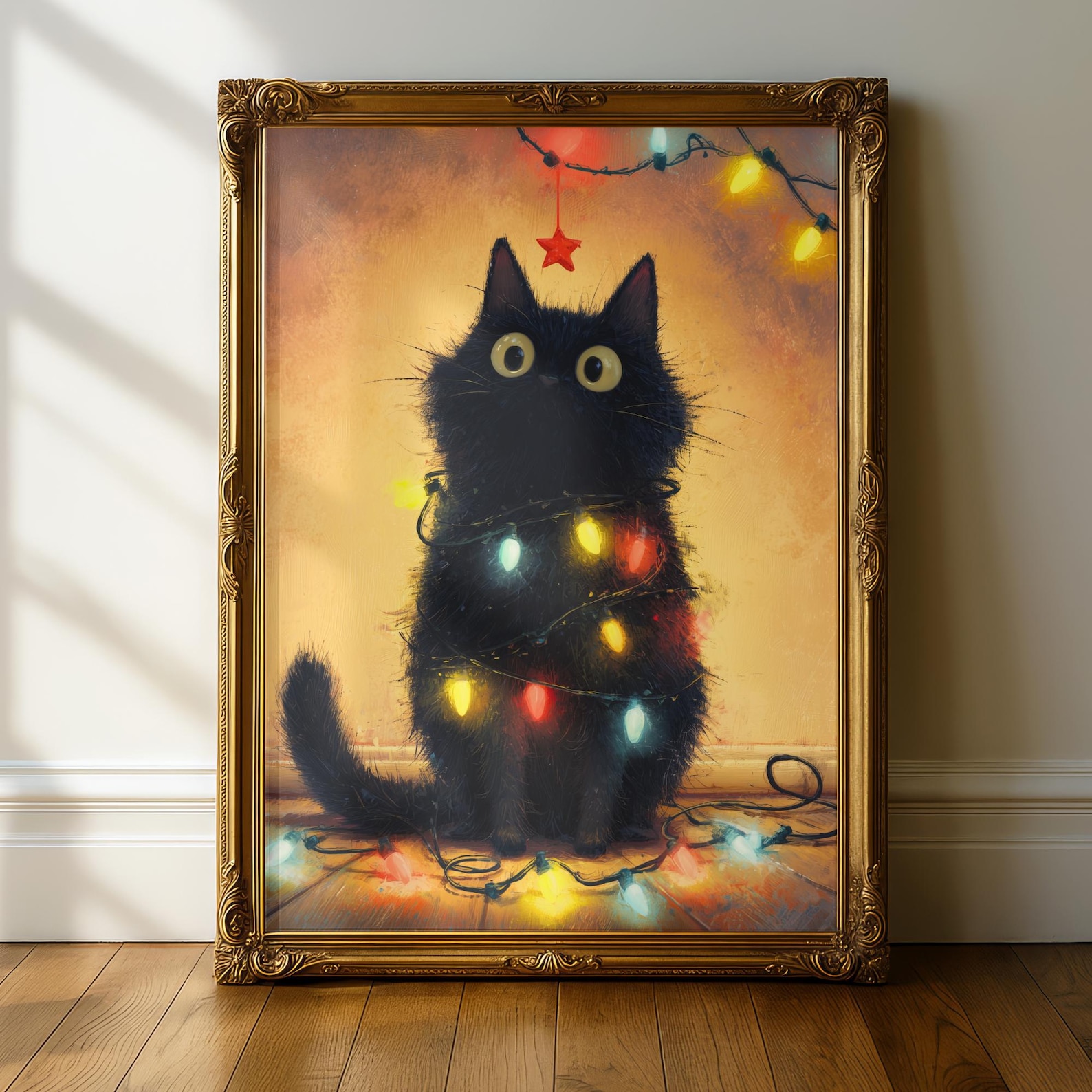 Funny Black Cat Christmas Lights Art, Winter Holiday Decor Poster - Etsy