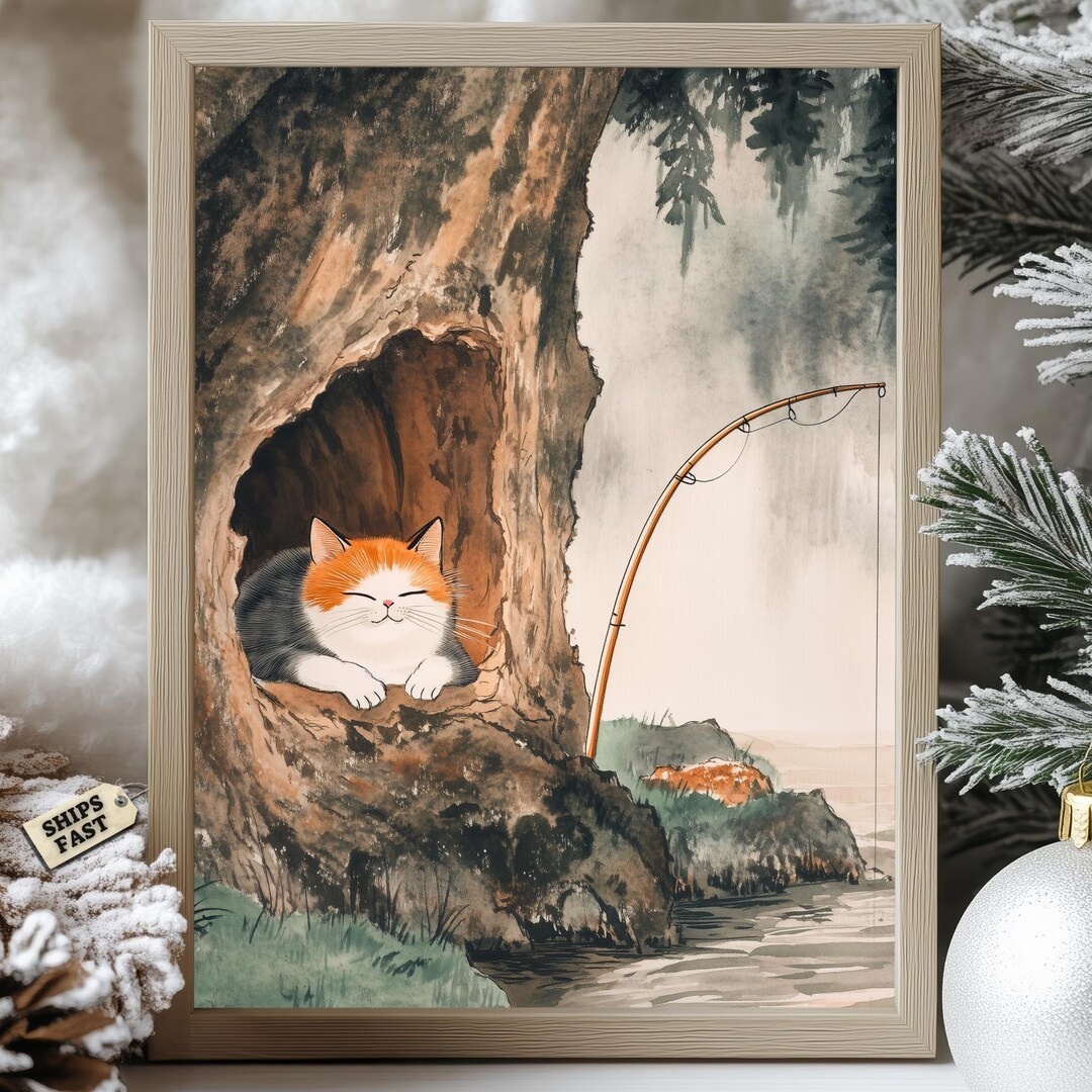 Japanese Calico Cat Fishing Art Print: Zen Decor - Etsy