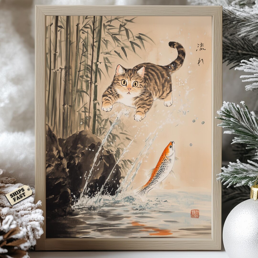 Japanese Tabby Cat Wall Art - Playful Tabby and Fish Poster, Zen Nature ...