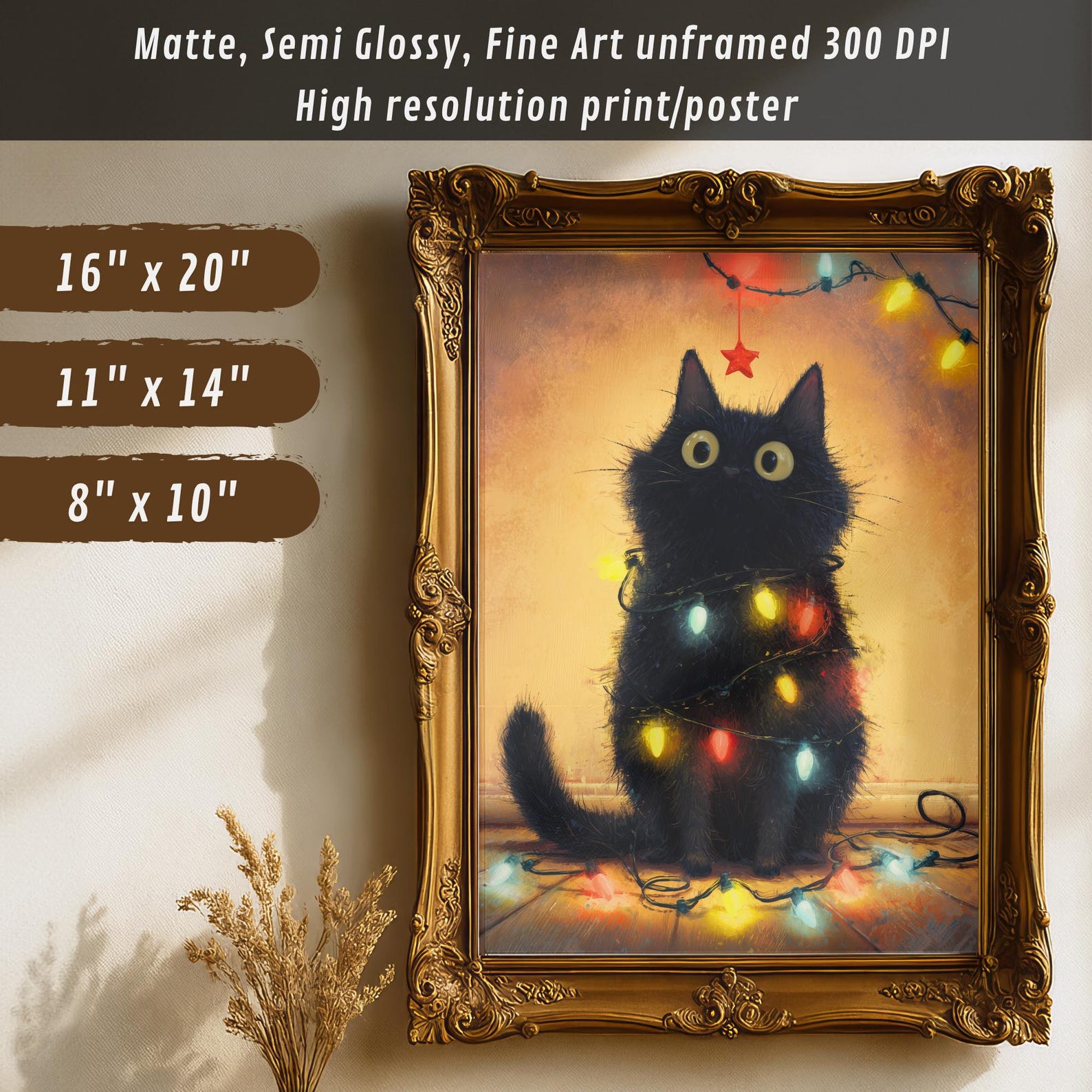 Funny Black Cat Christmas Lights Art, Winter Holiday Decor Poster - Etsy