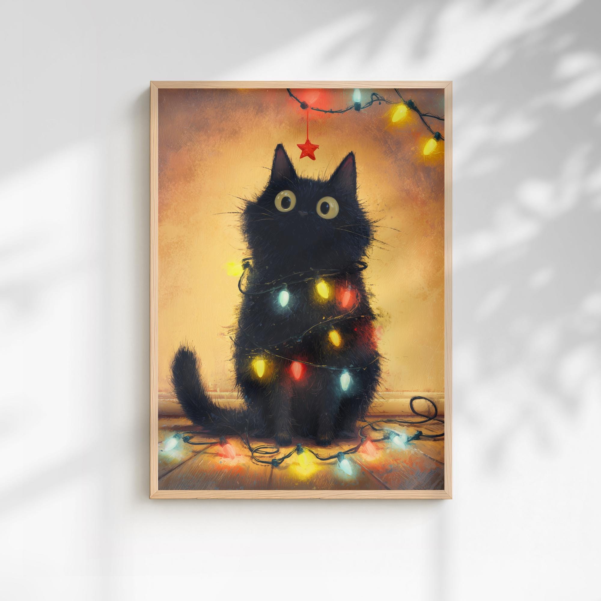 Funny Black Cat Christmas Lights Art, Winter Holiday Decor Poster - Etsy