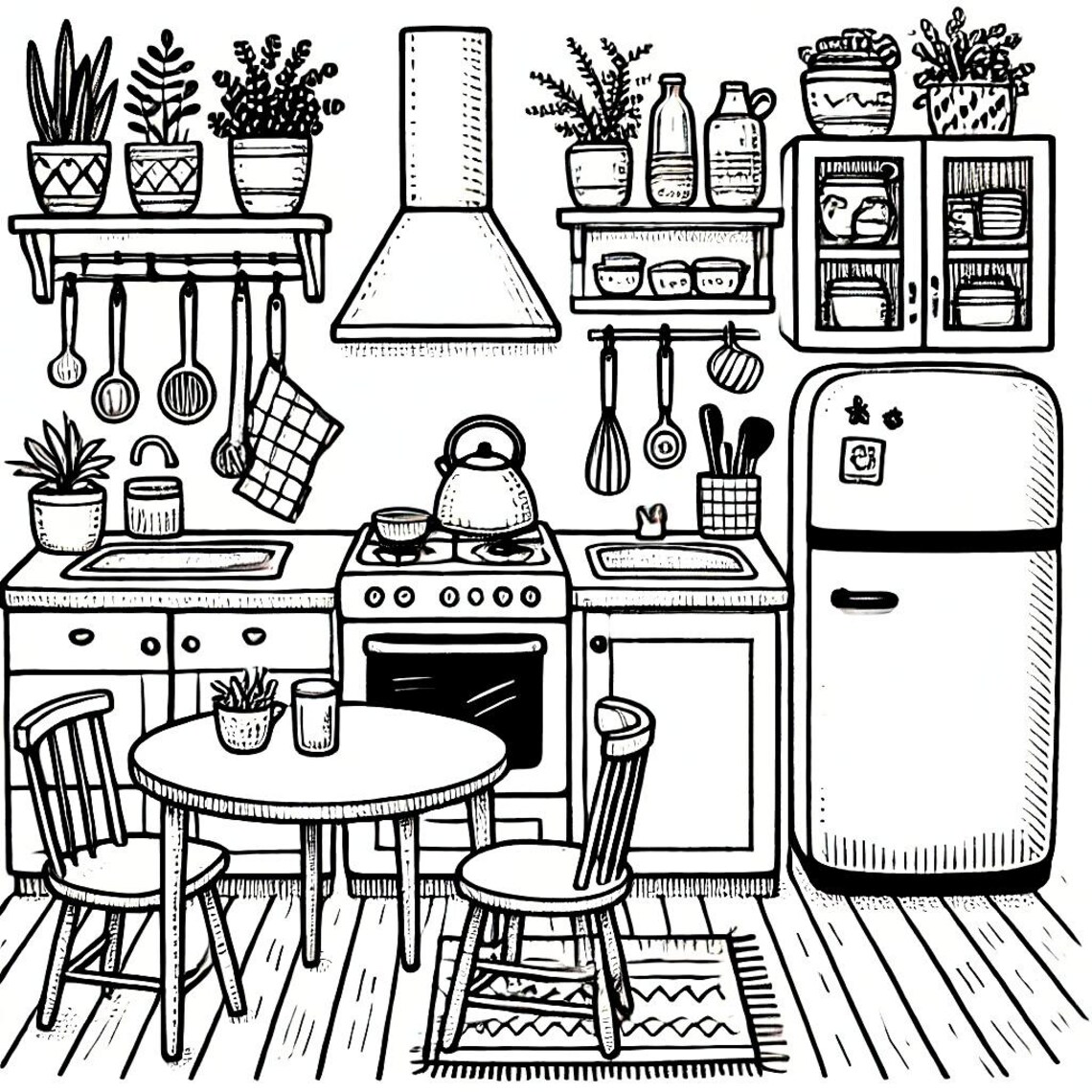 10 Interior Design Coloring Pages - Simple Kitchens - Etsy