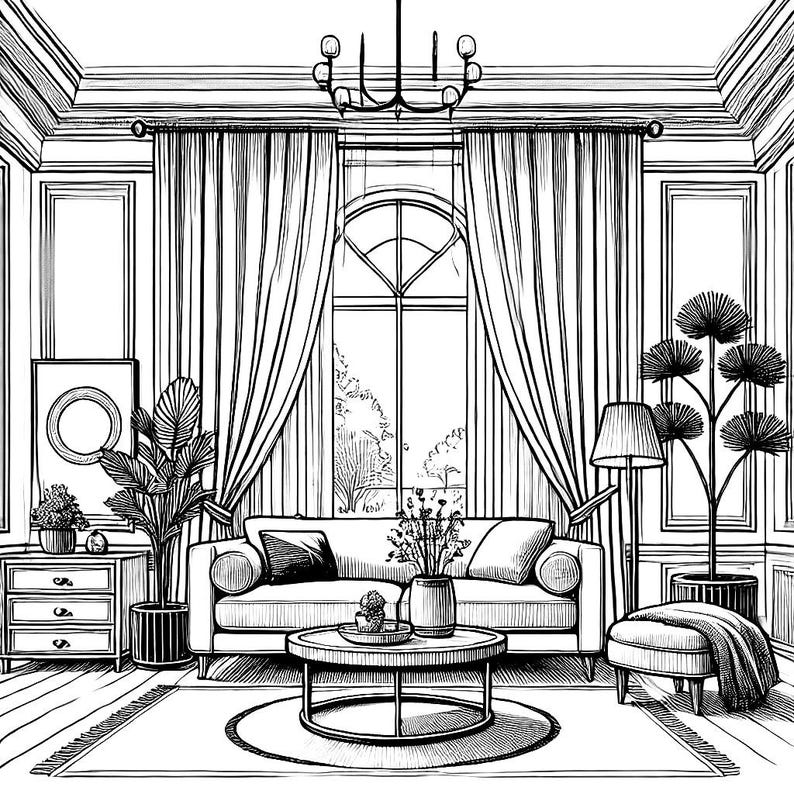 14 Interior Design Coloring Pages- Living Rooms - Etsy