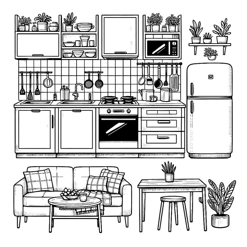 10 Interior Design Coloring Pages - Simple Kitchens - Etsy
