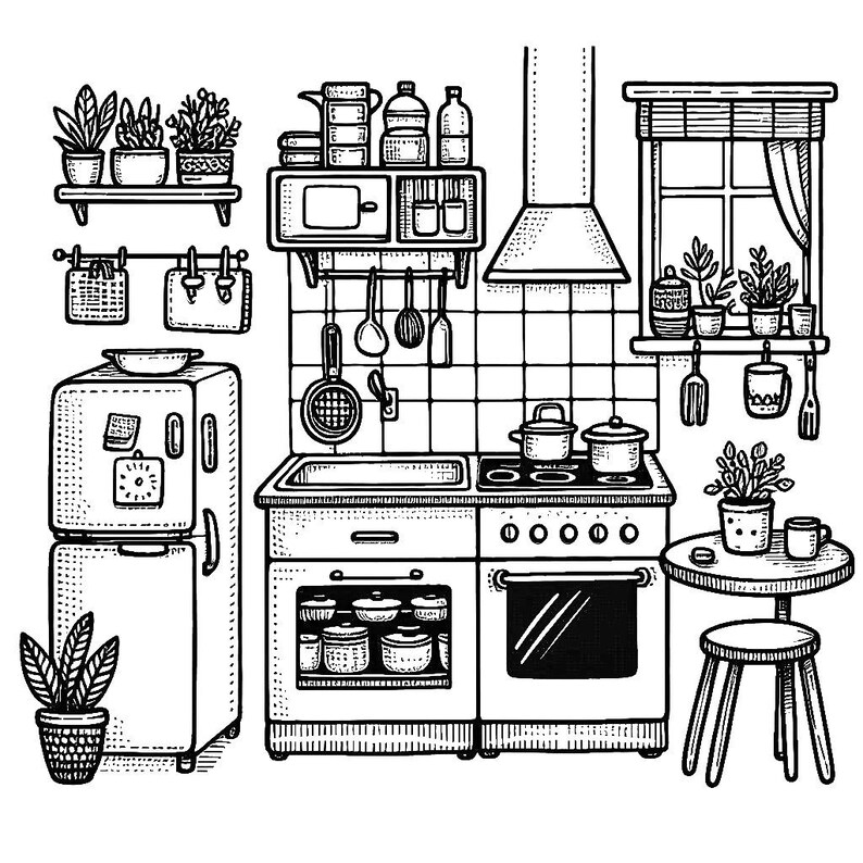10 Interior Design Coloring Pages - Simple Kitchens - Etsy