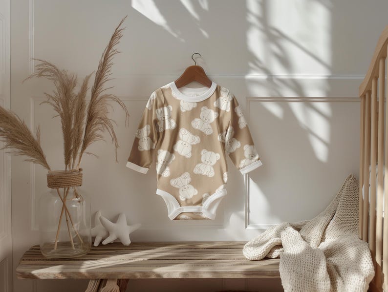 Adorable Teddy Bear Line Art Seamless Pattern - Neutral Beige Design ...