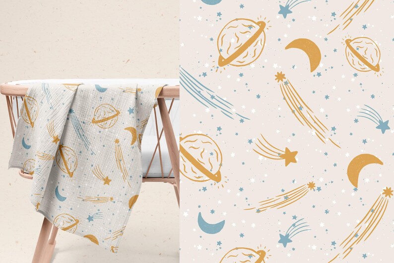 Celestial Gold Space Pattern , Planets, Moons, and Shooting Stars ...