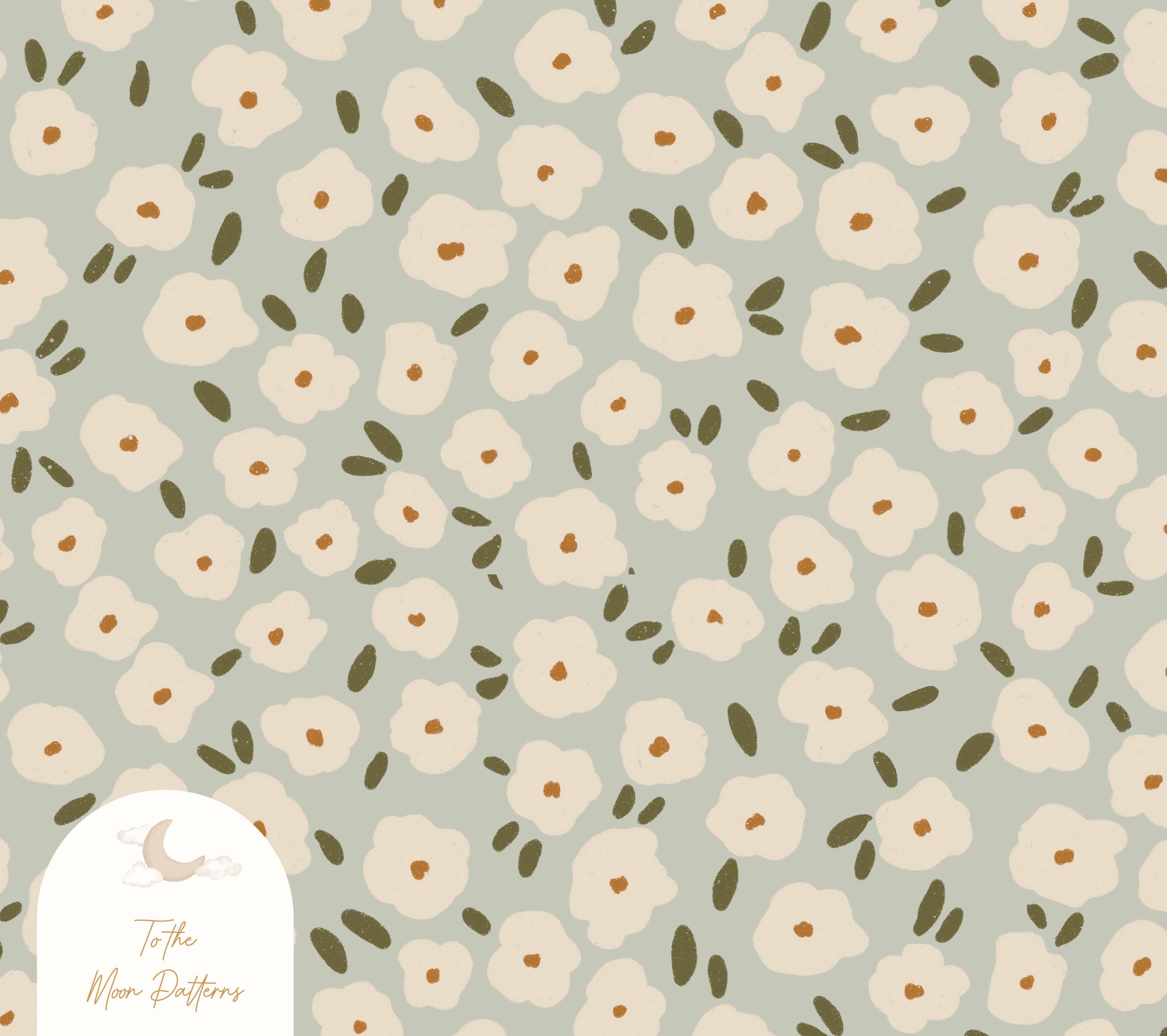 Rustic Floral Pattern - Neutral Beige and Blue Seamless Design for ...