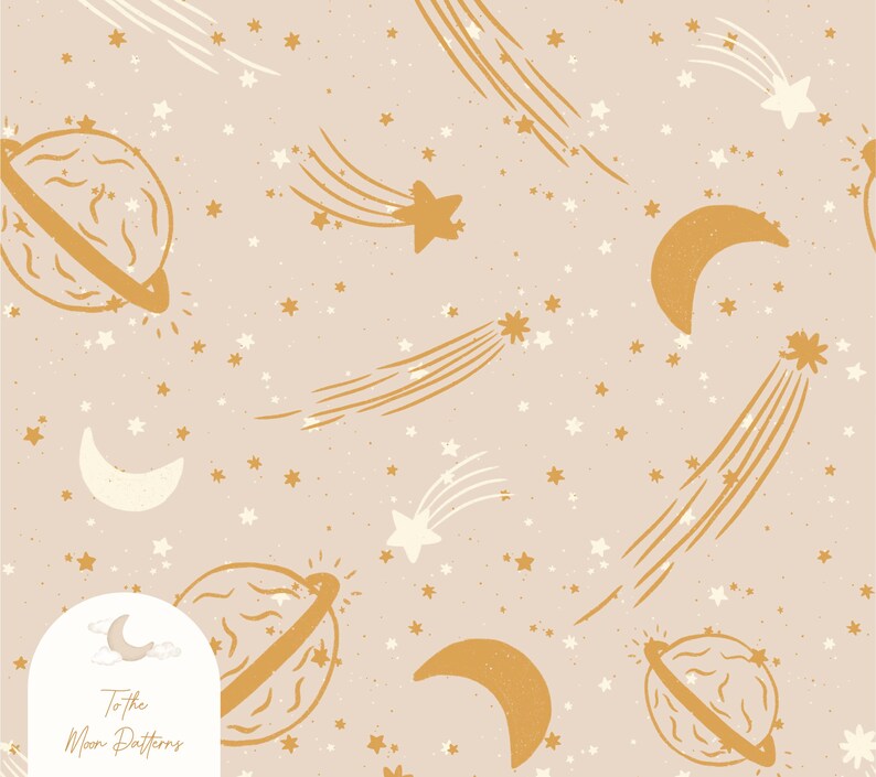 Celestial Gold Space Pattern , Planets, Moons, and Shooting Stars ...