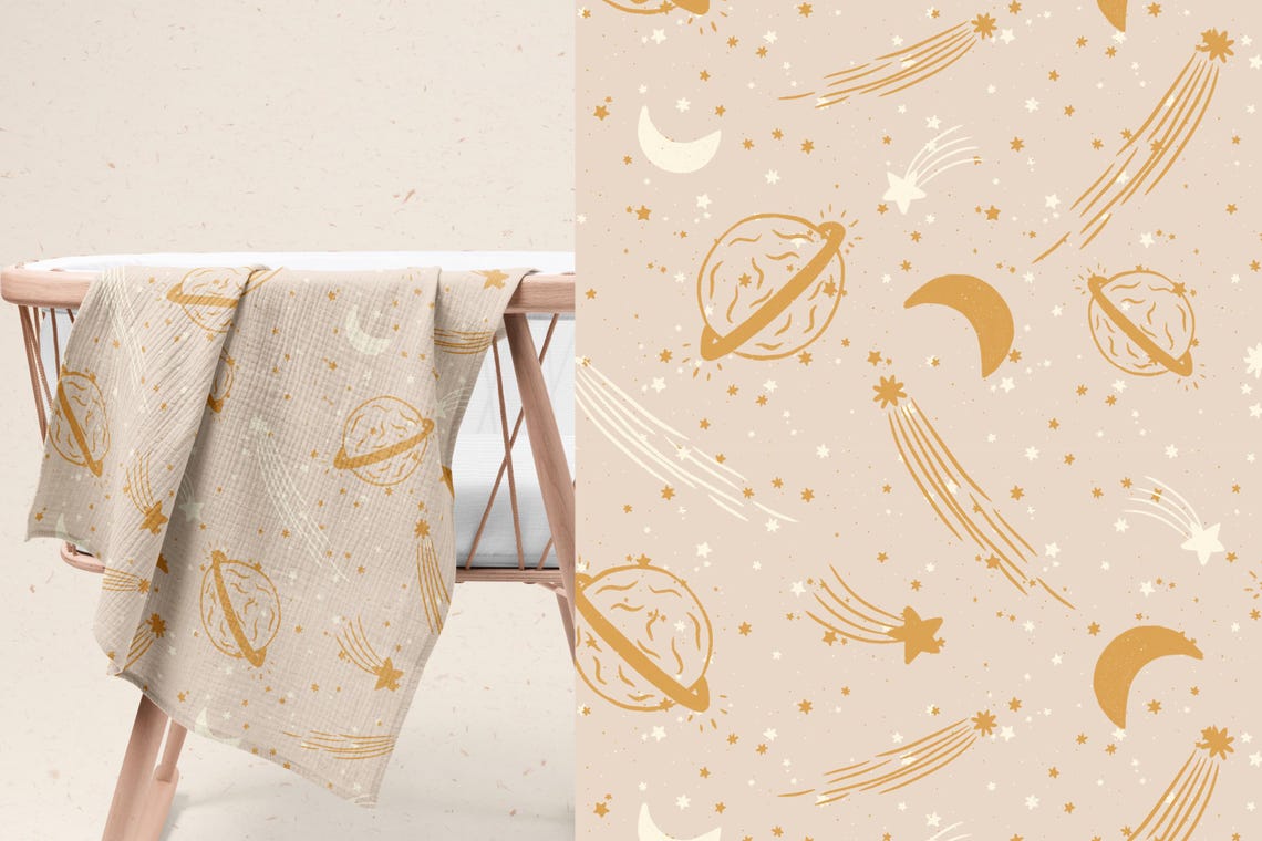 Celestial Gold Space Pattern , Planets, Moons, and Shooting Stars ...