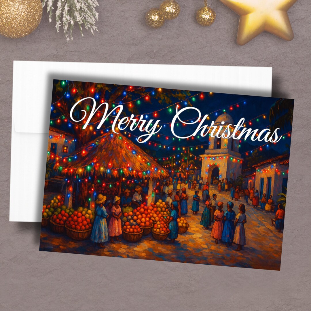 Tropical Island Customizable Greeting Card Caribbean Market Scene Art ...