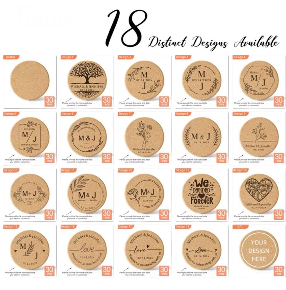 30 Personalized Cork Coasters Custom Engraved Wedding Favors Bulk Party ...
