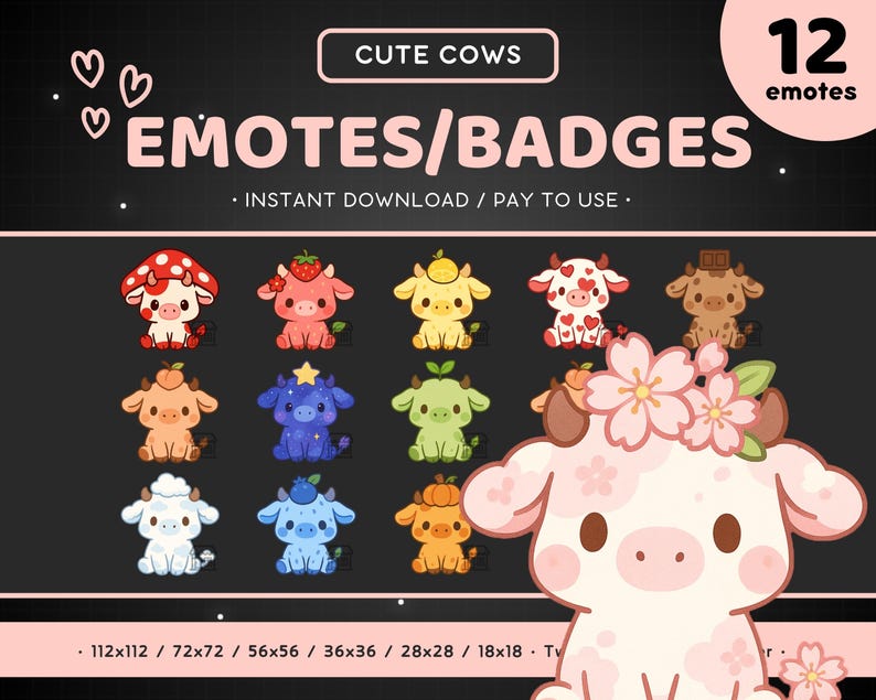 Cute Cow Twitch Emote Bundle 12x - Cow Sub Badges, Discord Emote, Funny ...