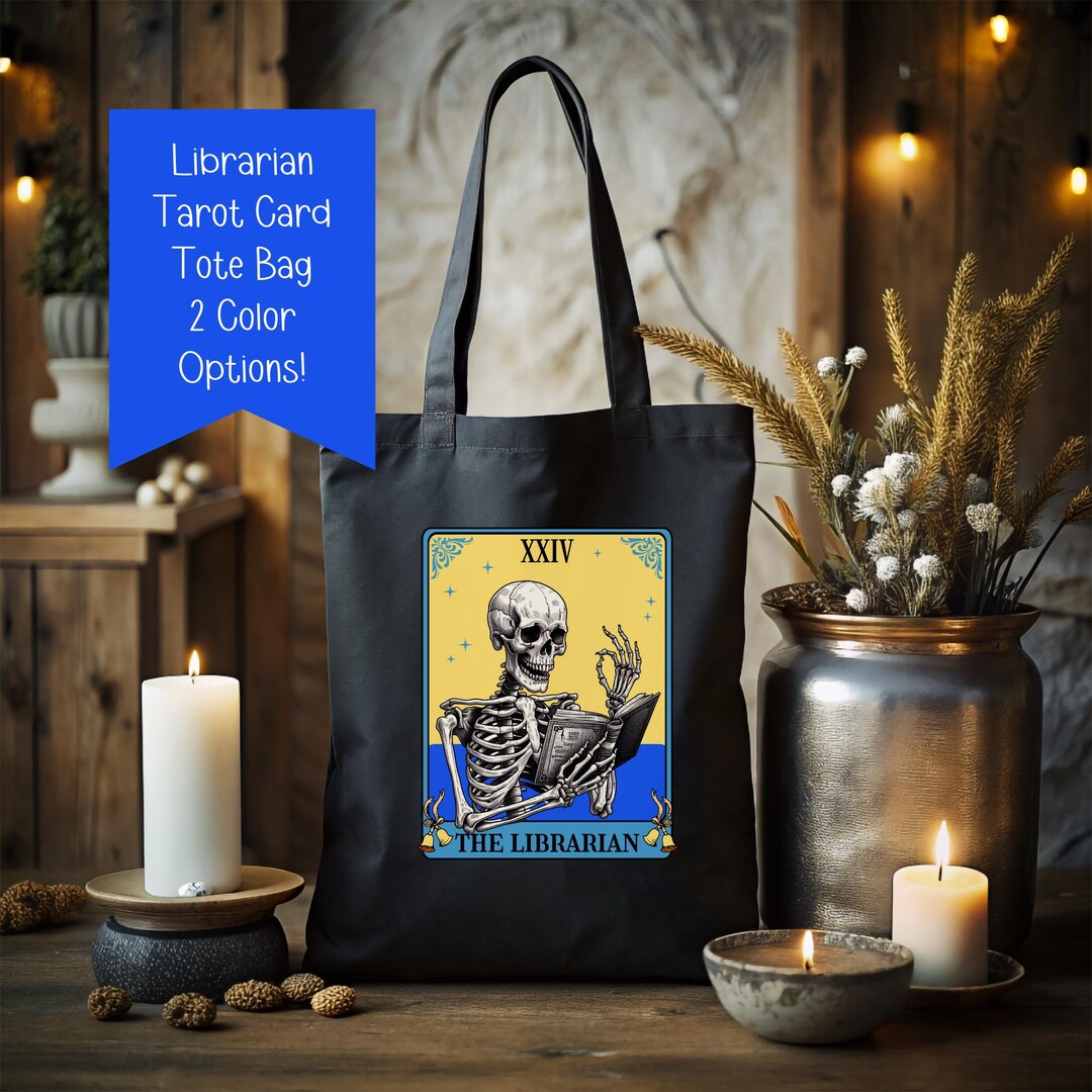 Librarian Tarot Card Tote Bag, Two Color Options, Reading Skeleton ...