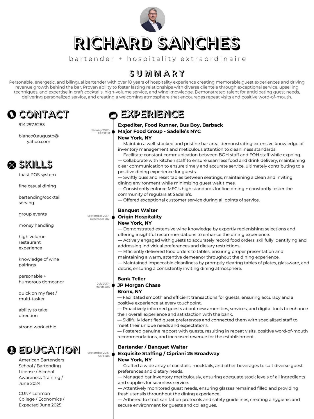 Modern Gender-neutral Resume Template for Hospitality Professionals ...