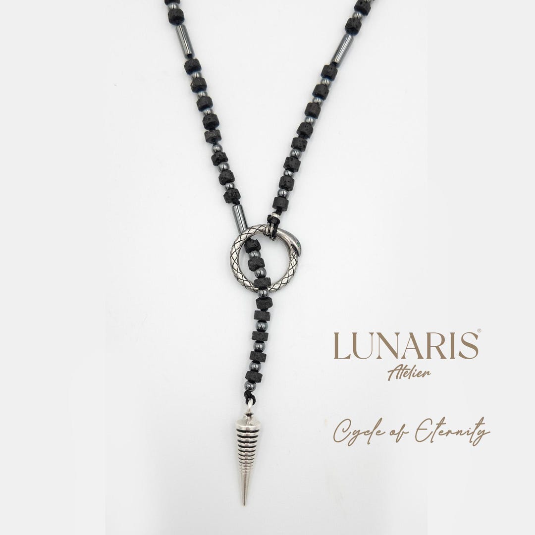 Cycle of Eternity Men's Necklace | Hematite & Lava Rock | Ouroboros ...
