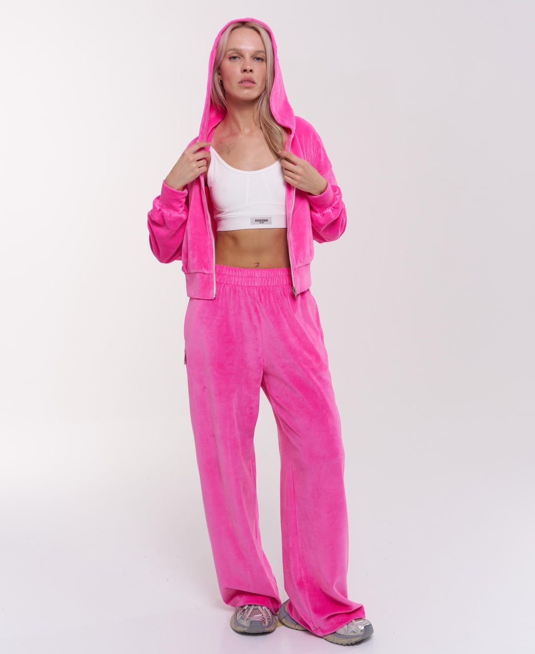 Women Velour Tracksuit Set | Embroidered Zip Hoodie & Palazzo Pants ...