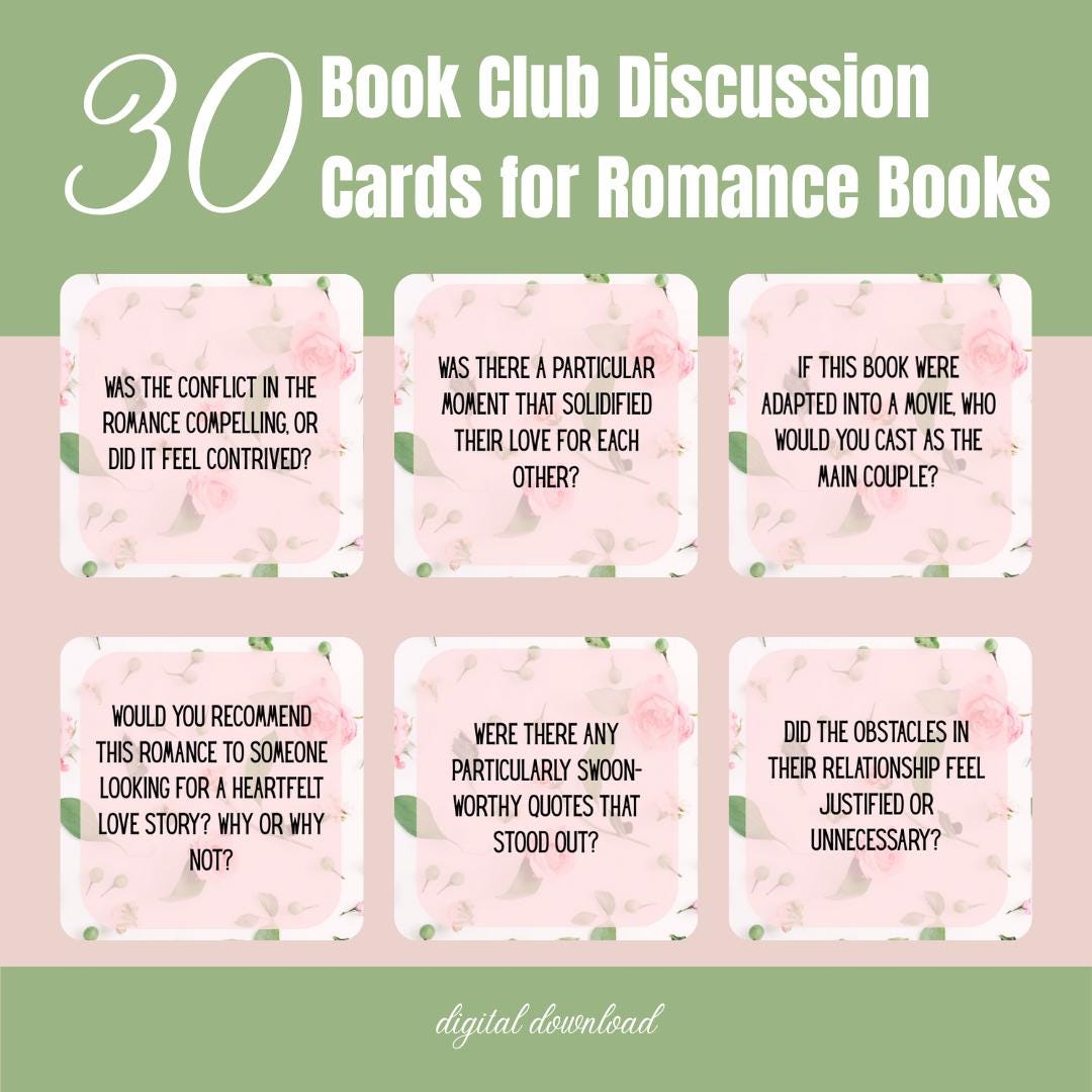 Printable Romance Book Club Discussion Cards Digital Download Book Club ...