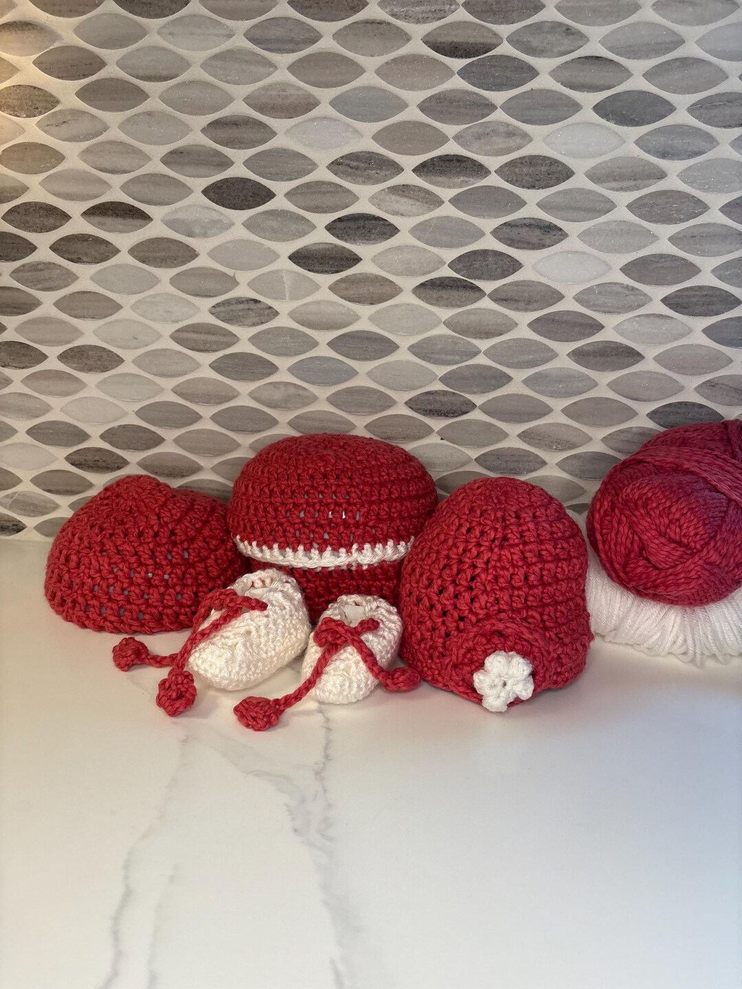Three Ruby-red Hats and a Pair of Booties for Baby - Etsy