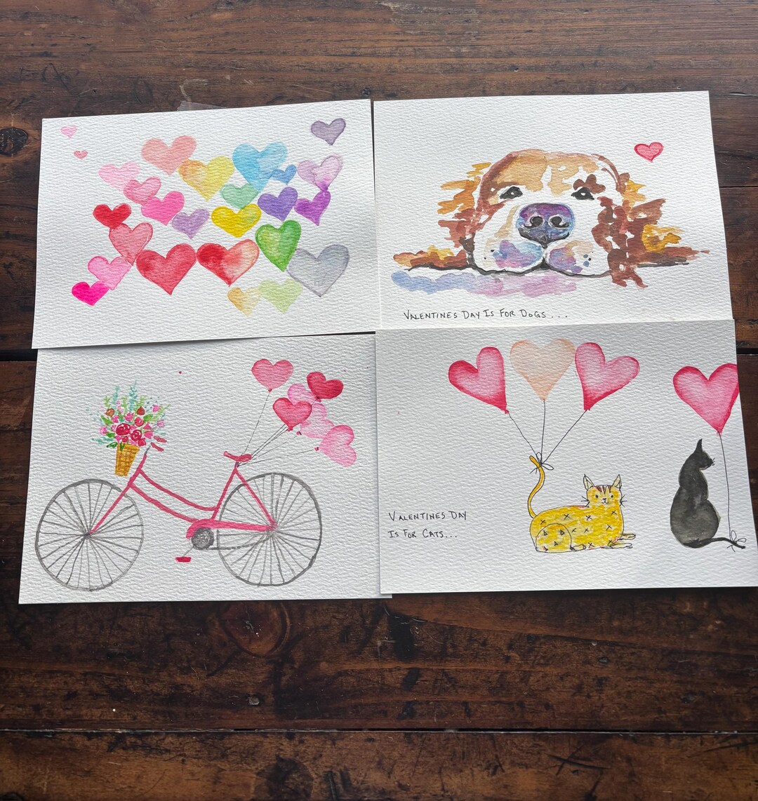 Four Cute Hand-painted Watercolor Valentine's Day Cards - Etsy