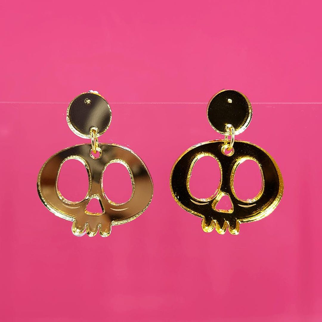 Gold Mirrored Skull Hanging Post Earrings - Etsy