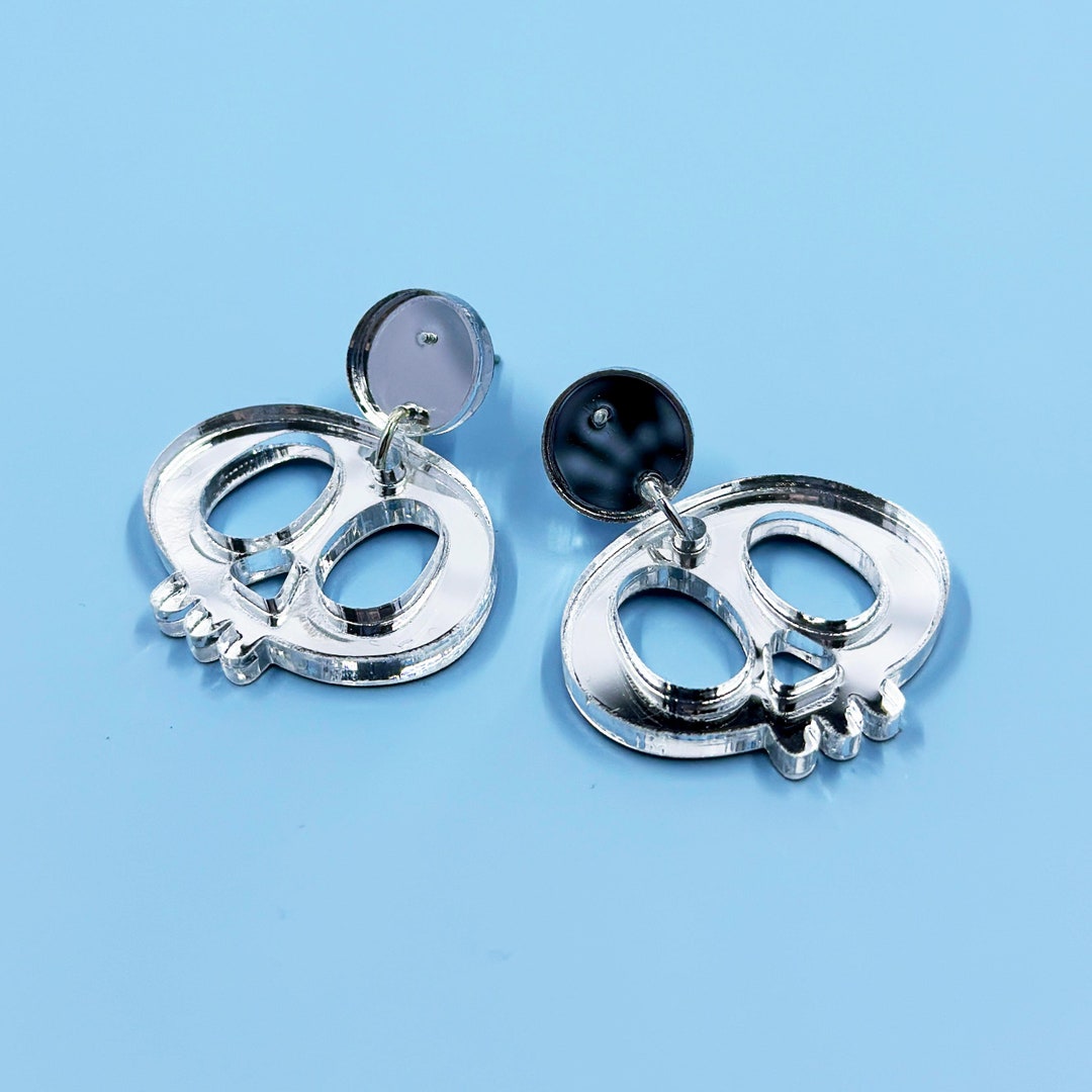 Silver Mirrored Skull Hanging Post Earrings - Etsy