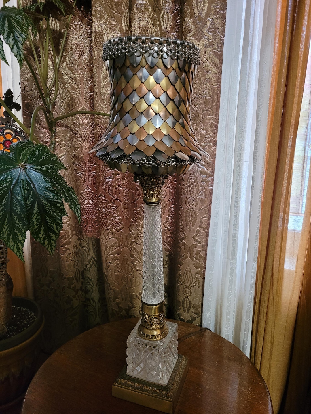 Medieval Multi Color Metal Dragon Scale Lampshade Atop an Antique ...