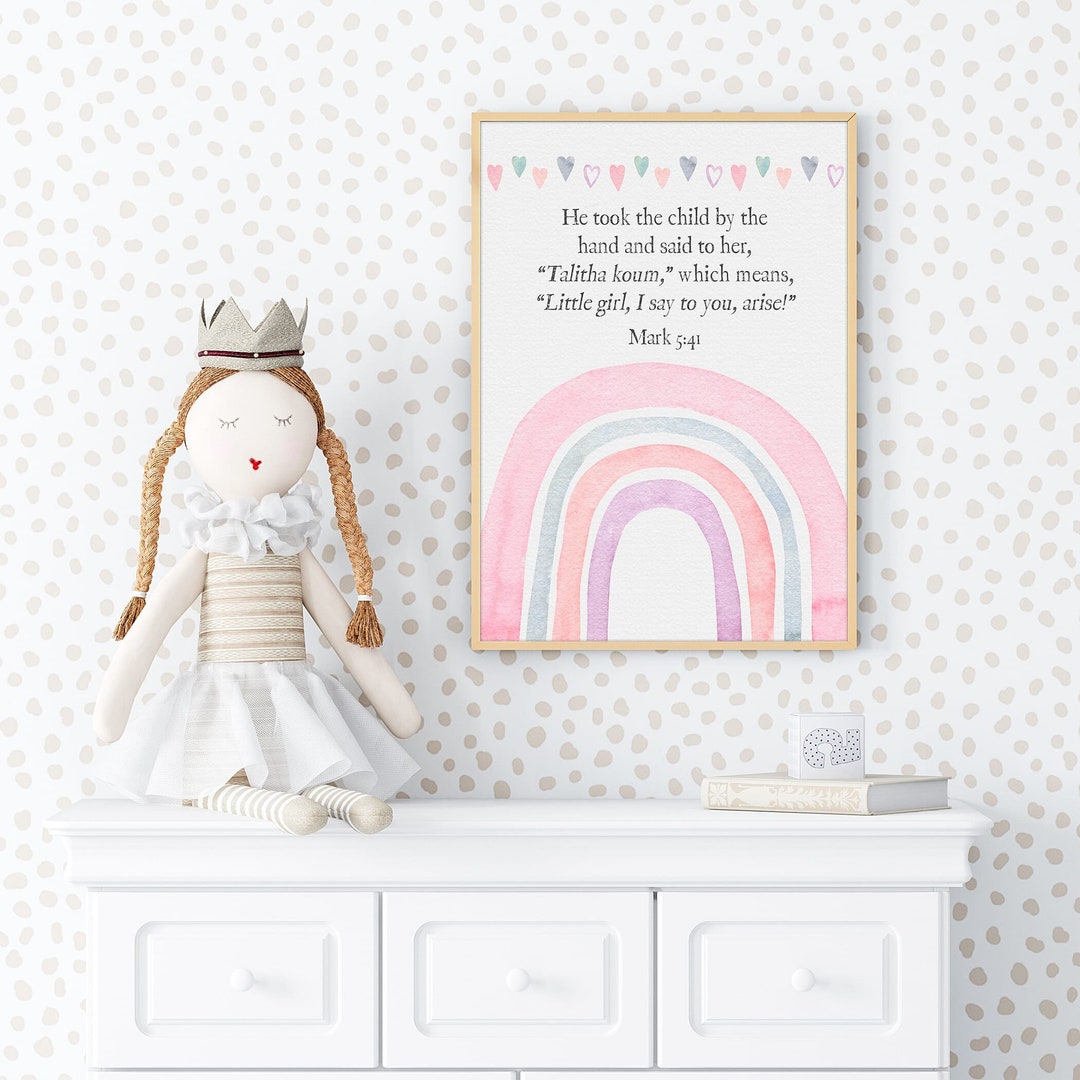 Talitha Koum Bible Verse Print: Pink Watercolor Rainbow, Girl's Room ...