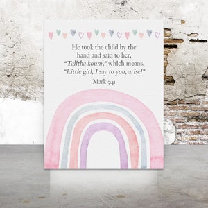 Talitha Koum Bible Verse Print: Pink Watercolor Rainbow, Girl's Room ...