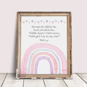 Talitha Koum Bible Verse Print: Pink Watercolor Rainbow, Girl's Room ...