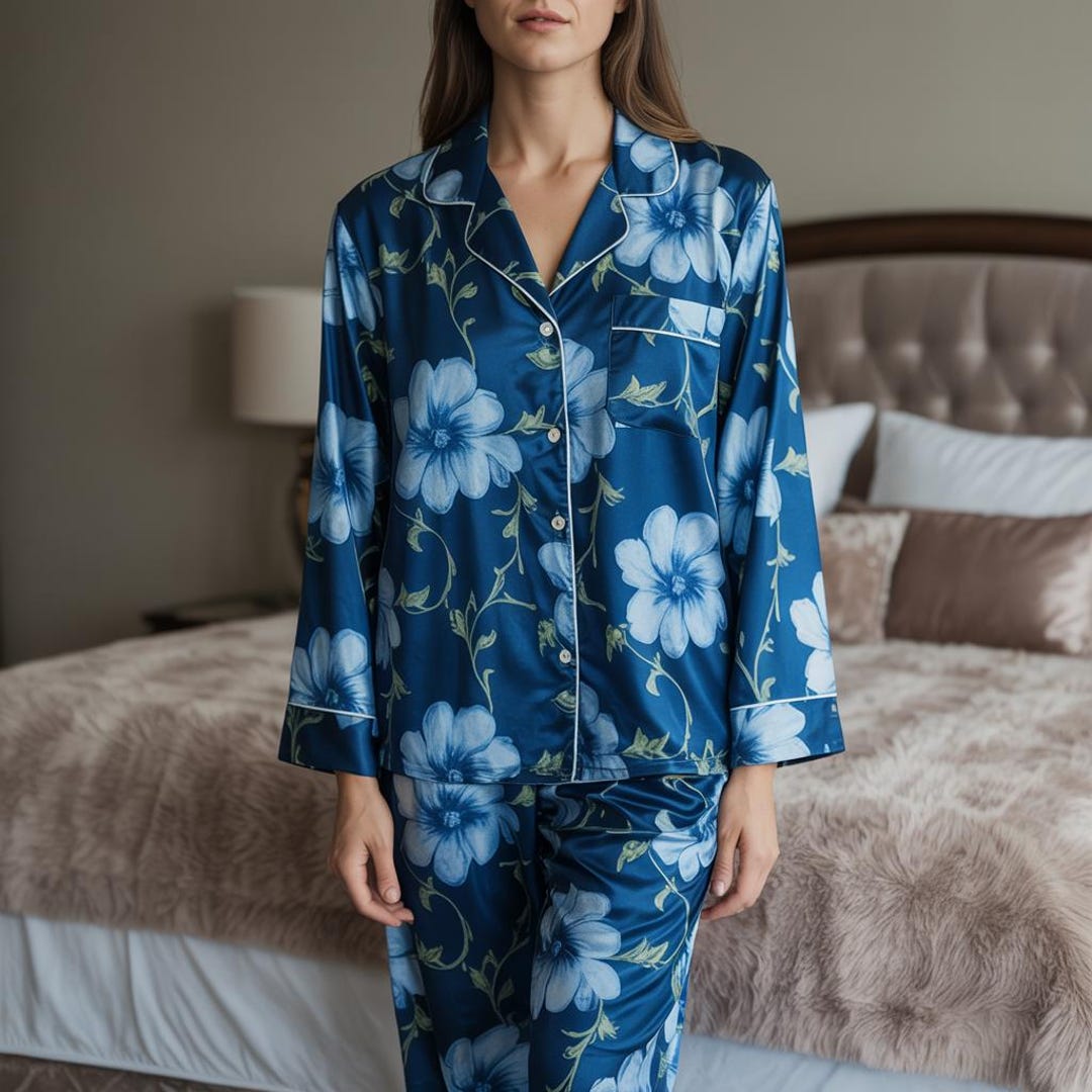 Blue Floral Satin Pajamas Set, Womens Satin Matching Pajamas, Indian ...