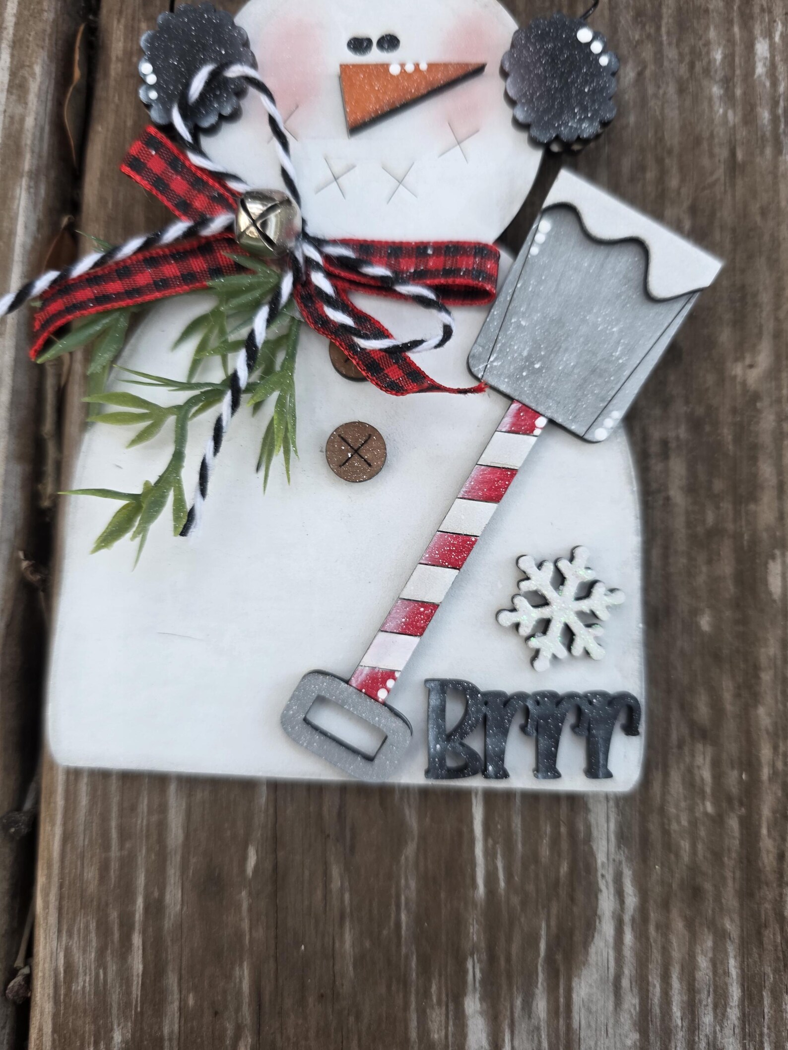 Handmade Snowman Ornament With Buffalo Plaid Bow, Winter Shovel ...