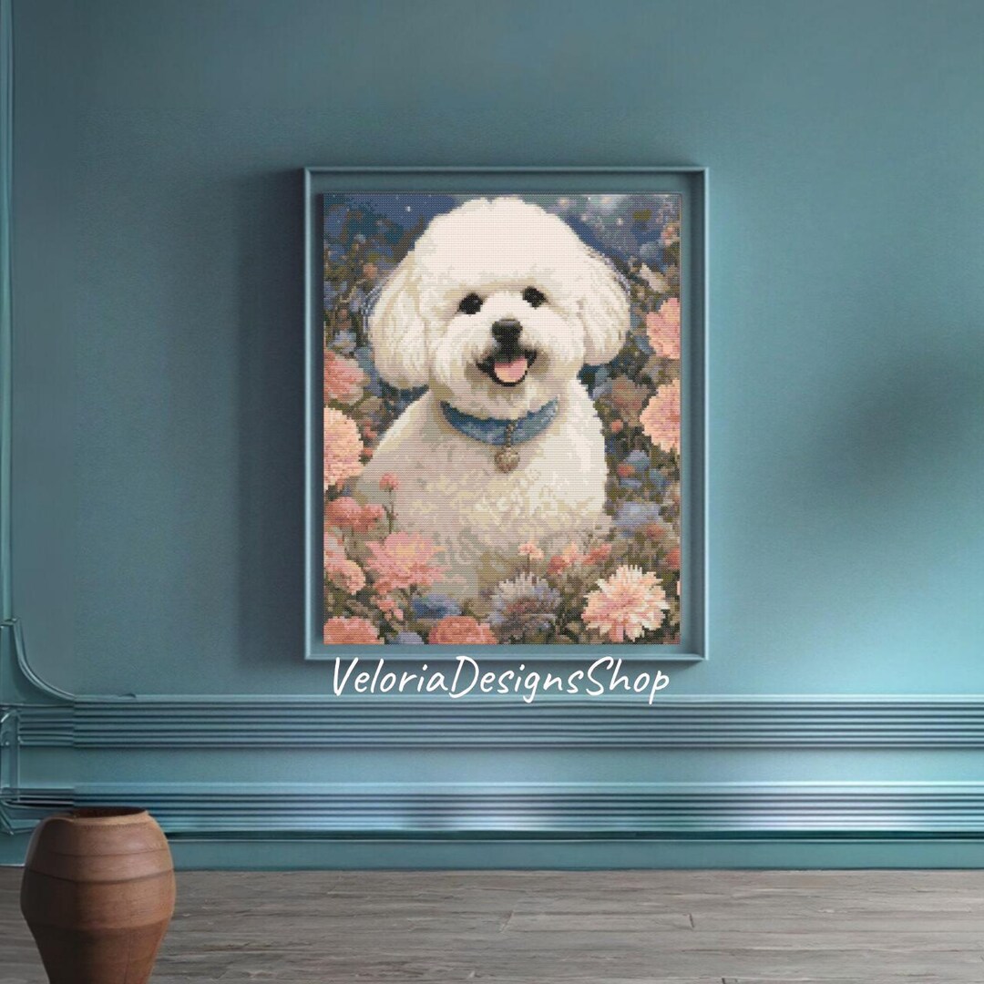 Maltipoo Dog in Flowers Cross Stitch Pattern | Floral Puppy Embroidery ...