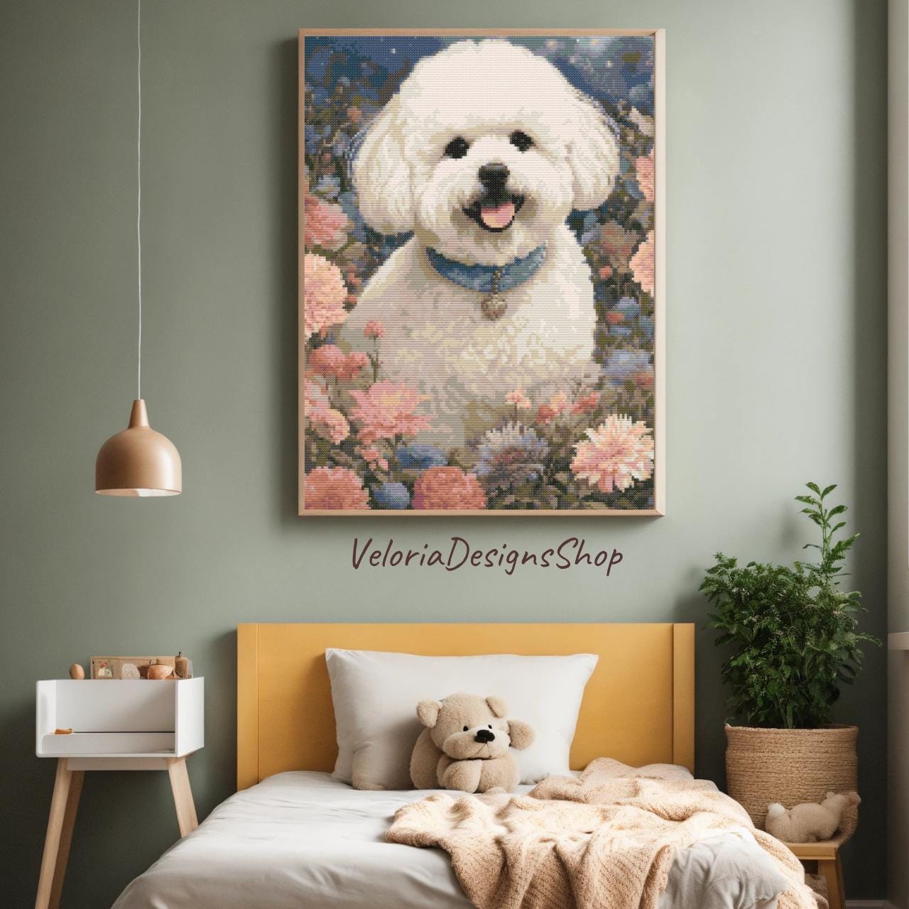 Maltipoo Dog in Flowers Cross Stitch Pattern | Floral Puppy Embroidery ...