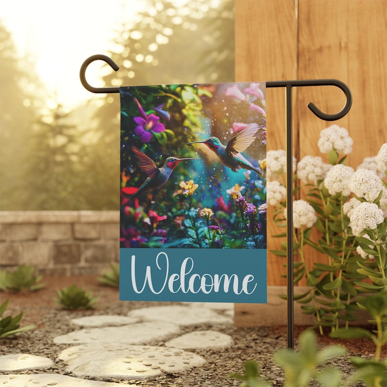 Hummingbird Welcome Banner | Garden Decor, Outdoor Flag, Floral Welcome ...