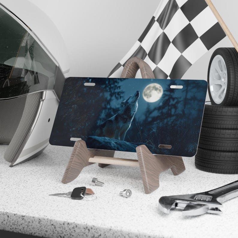 Howling Wolf Moon Vanity Plate | Moonlight Forest Aluminum License ...