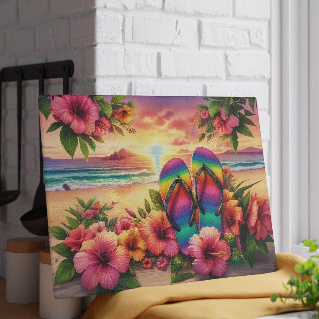 Flip Flops Glass Cutting Board | Beach Scene Kitchen Decor, Cooking ...