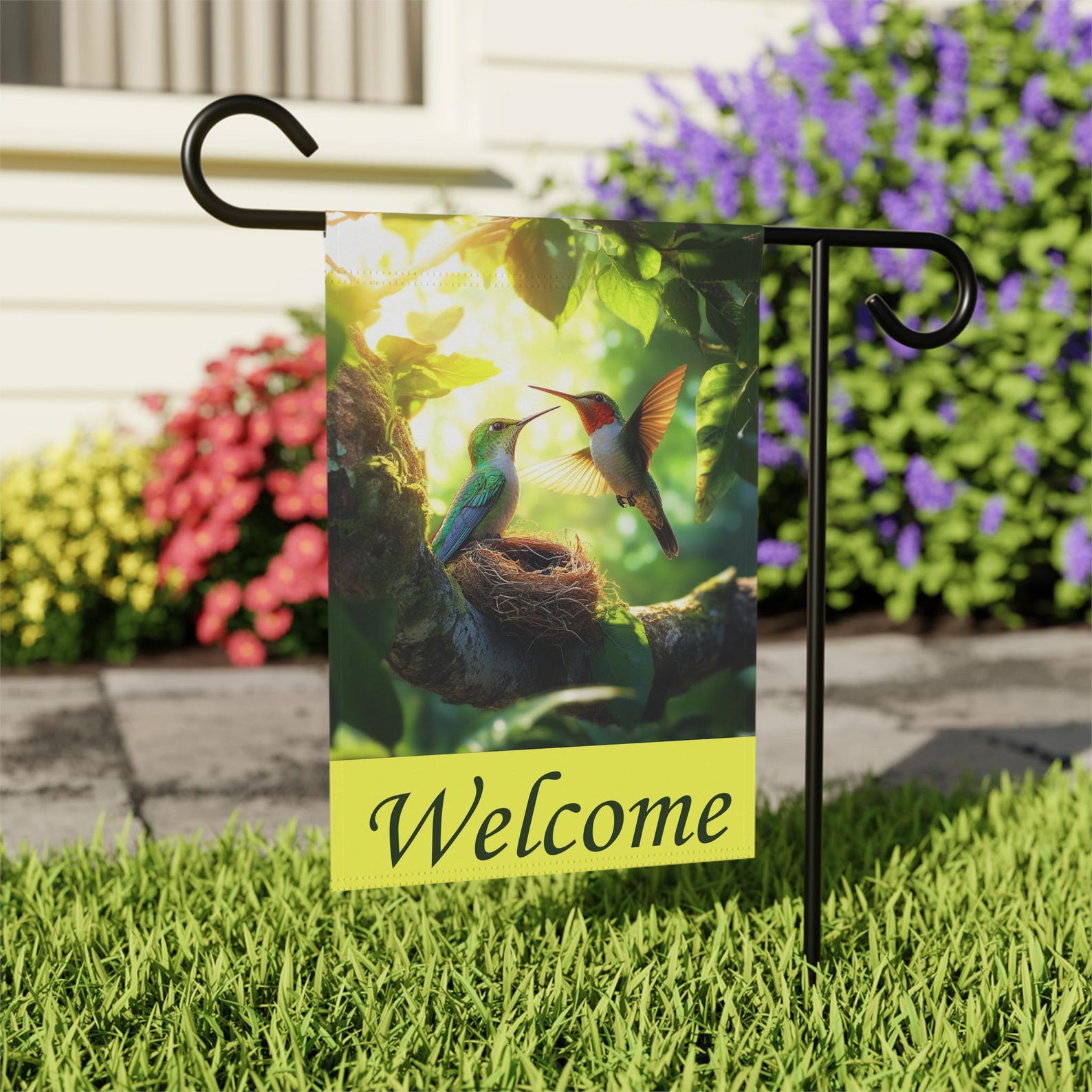 Welcome Garden Banner, Colorful Outdoor Decor, Hummingbird Yard Flag ...